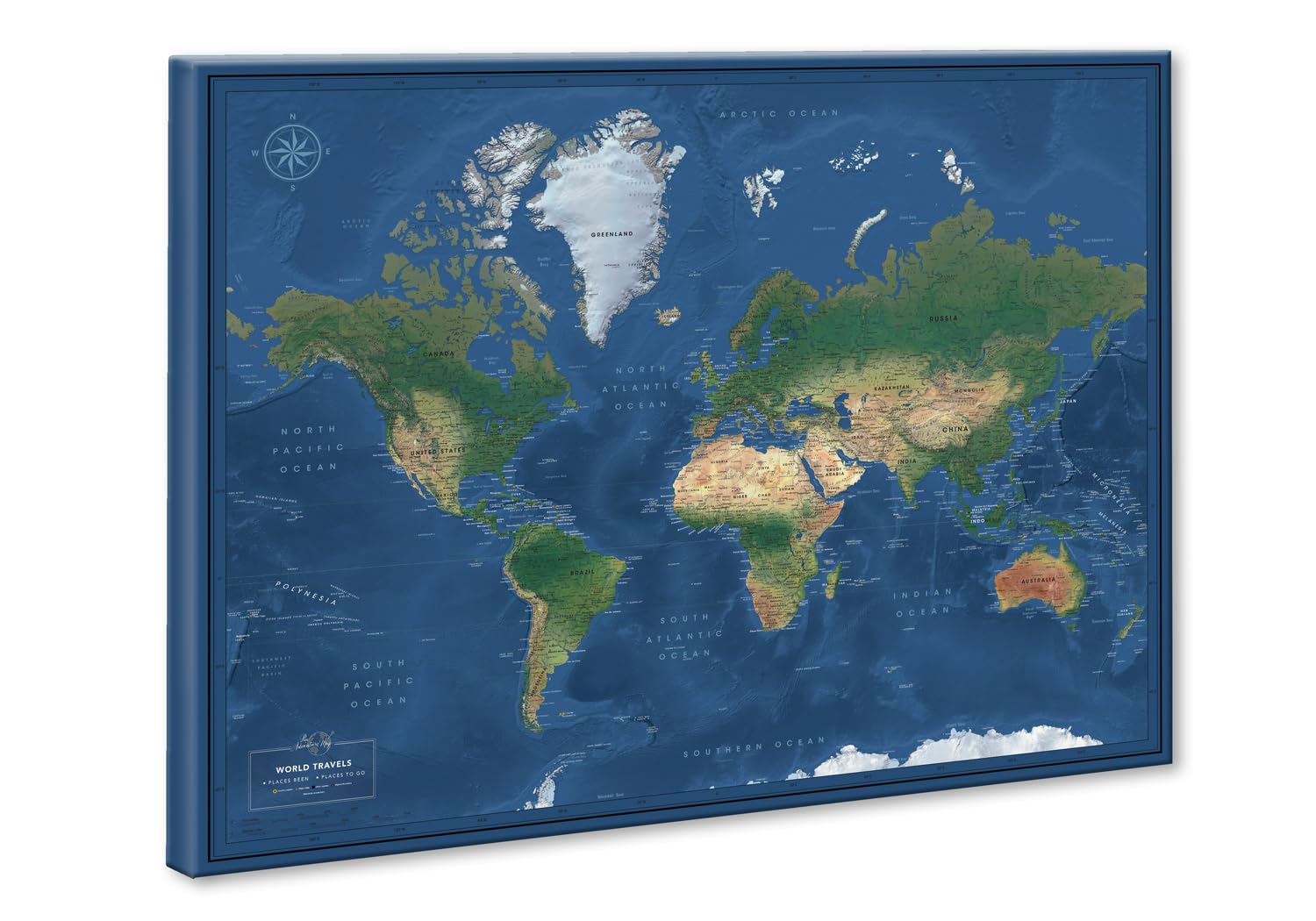Modern World Satellite Wall Map with Push Pins | Push Pin Travel Map on Canvas | Personalized World Map with Pins | 24" x 32" up to 40" x 53"