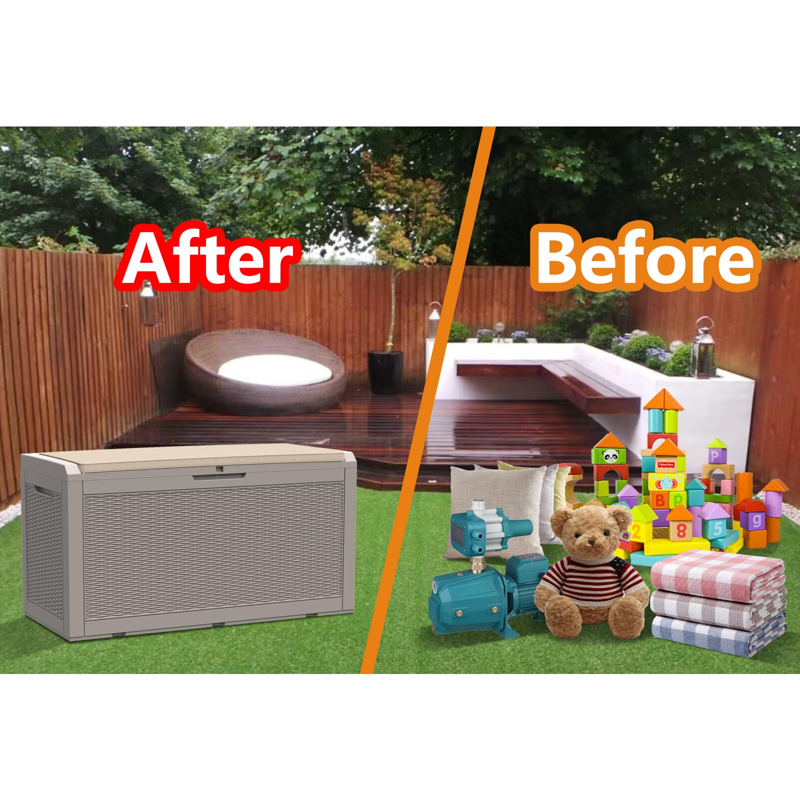 Modern-Depo 100 Gallon Deck Box Waterproof Outdoor Storage Bench Resin Pool Towel Storage Bin Porch Delivery Box with Seat Cushion, Gray