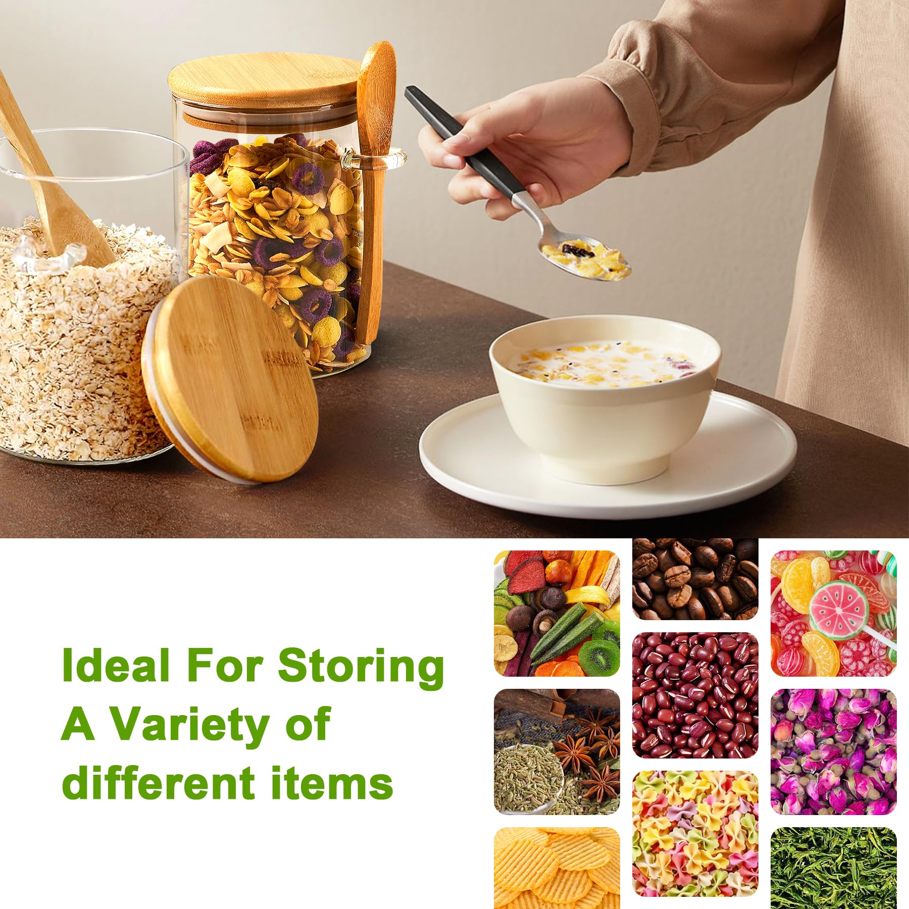 venleft Glass Jar with Lid, 4 Pack 18.5OZ Clear Airtight Glass Storage Containers With Bamboo Lids and Spoon Glass Jars for Sugar, Nuts, Flour, Cereal, Rice,Tea, Coffee Beans, Bath Salts & More