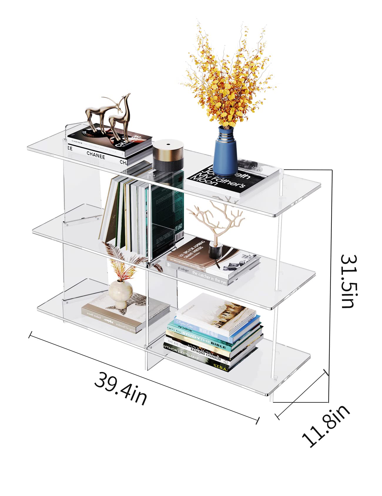 solaround Acrylic Bookshelf, Small 3 Tier Bookcase for Small Spaces,Acrylic Console Table, Hallway Entry Table for Living Room (Clear, 39.4'' x 11.8'' x 31.5'')