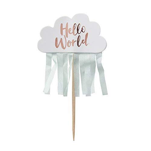 Ginger Ray Rose Gold Cloud Hello World Baby Shower Tassel Cupcake Pick Toppers x 10 - Hello World