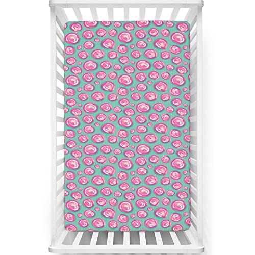 Pink Polka Dots Themed Fitted Mini Crib Sheets,Portable Mini Crib Sheets Soft & Stretchy Fitted Crib Sheet-Great for Boy or Girl Room or Nursery,24ā x38ā,Pink Pale Pink Sea Green White