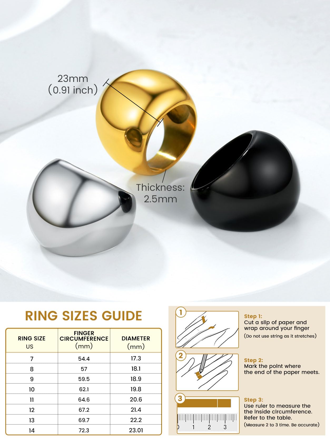 GOLDCHIC JEWELRY Gold Statement Ring for Women, 23mm Oversized Chunky Dome Rings Thick Cocktail Rings Size 7