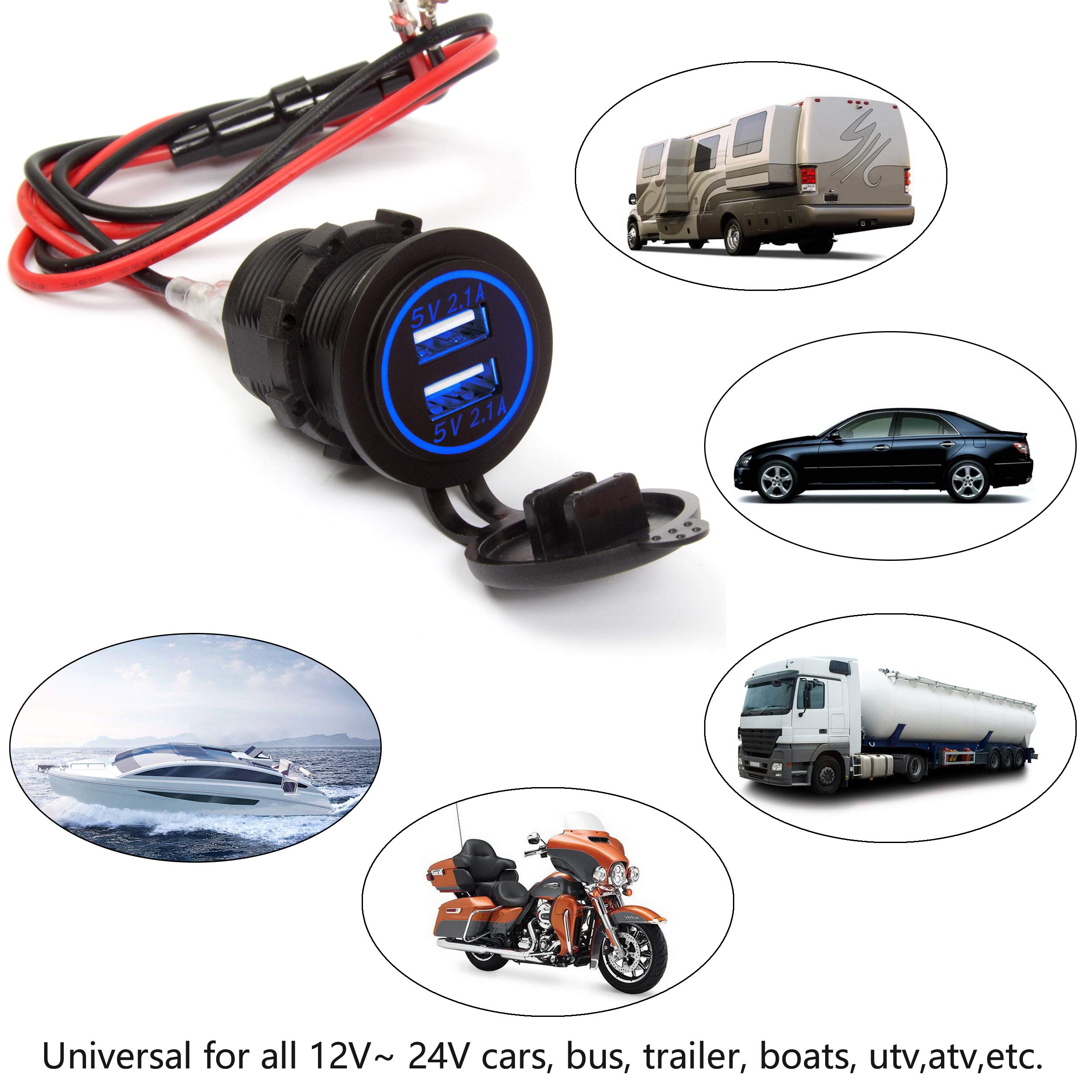 Ginsco Dual USB Charger Socket Power Outlet 2.1A & 2.1A(4.2A) for Car Boat Marine RV Mobile with Wire Fuse DIY Kit Blue LED
