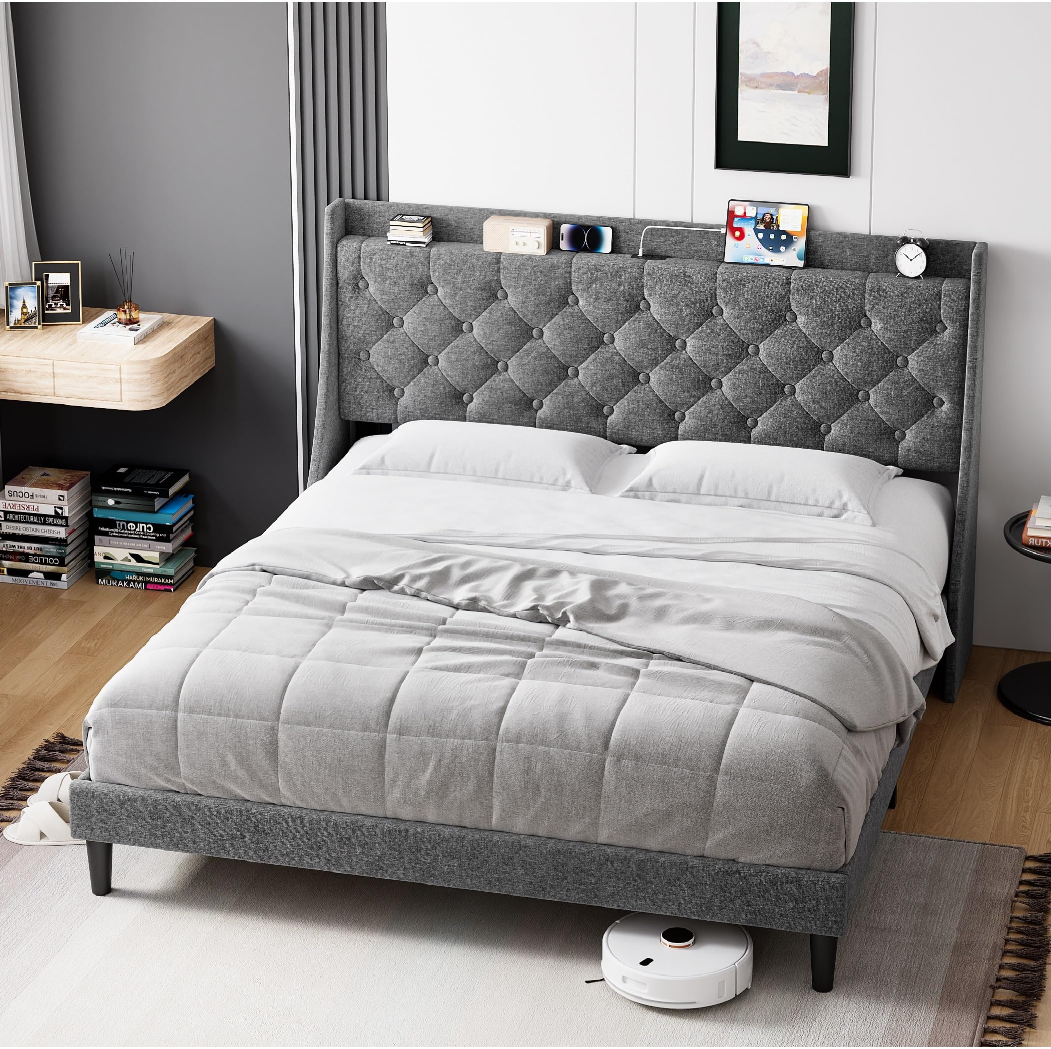 GaoMon King Size Bed Frame with Charging Station and Storage Shelf, Upholstered Platform Bed with Headboard and Wingback, Button Tufted Design, No Box Spring Needed, Easy Assembly, Beige