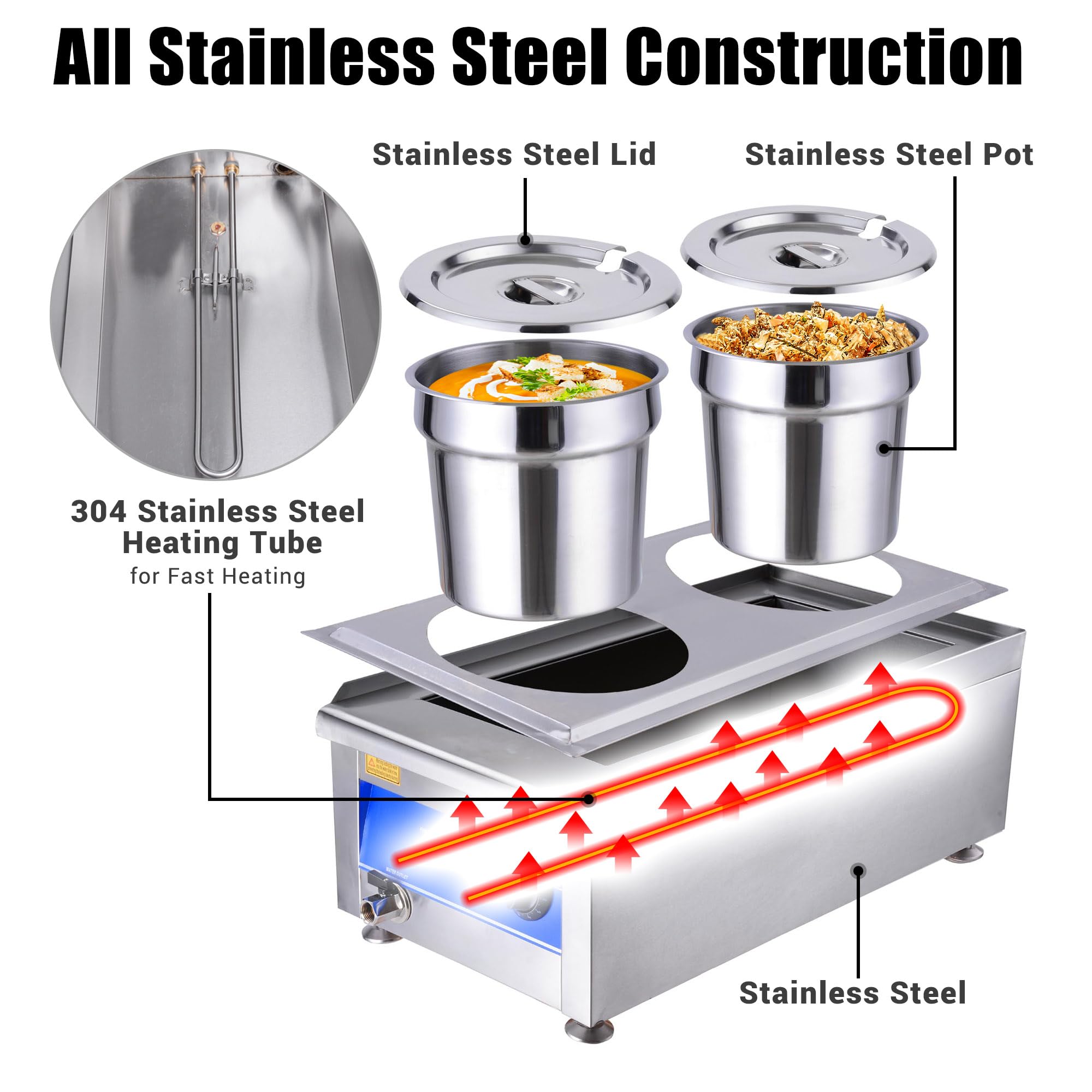 Yescom 1200W Commercial Chili Cheese Food Warmer Dual 7L Pots Stainless Steel Soup Countertop Steam Restaurant Buffet