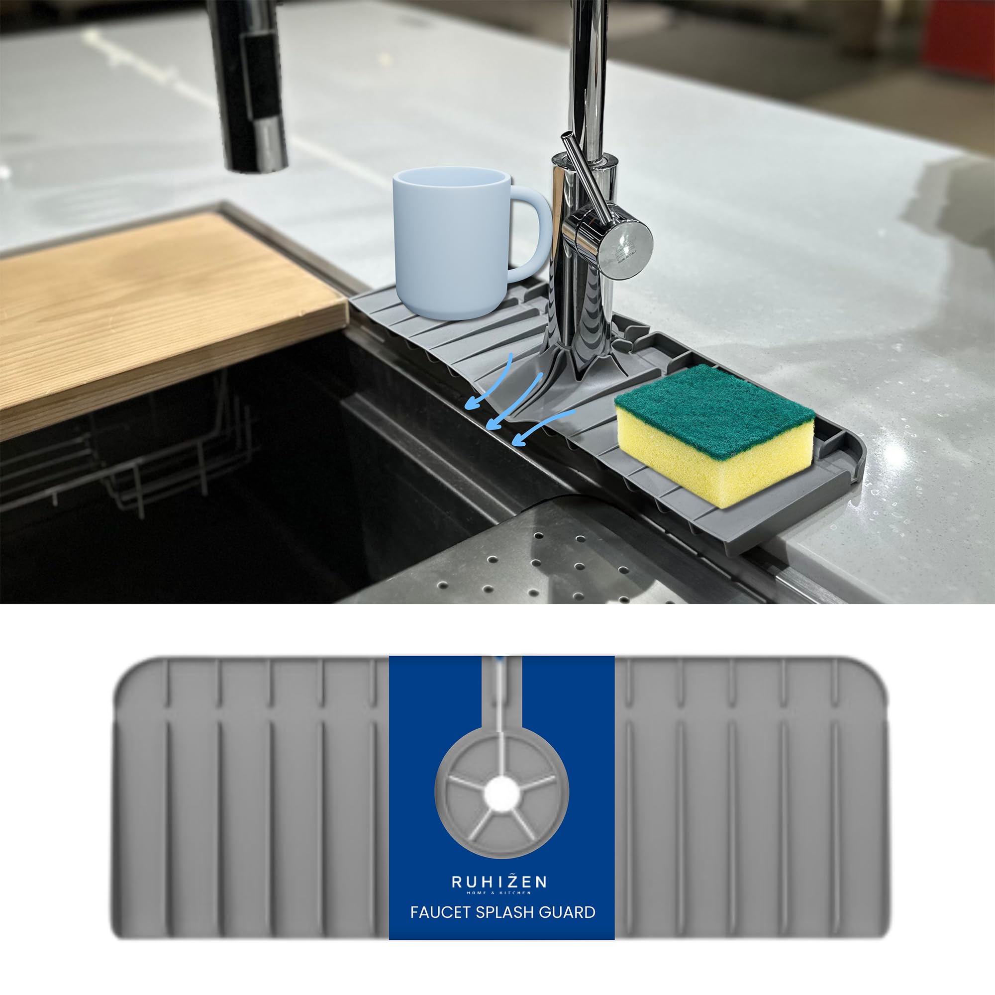 Silicone Sink Water Splash Guard - Kitchen/Bathroom Faucet Mat Drip Catcher Tray, Sponge Holder/Soap Dispenser Draining Mat Behind Faucet, 5° Slope, 8.7 x 5.5 Inches, Gray