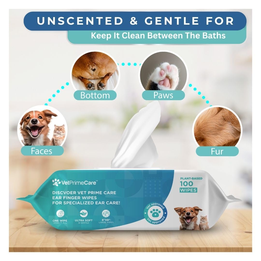 VET PRIME CARE Pet Grooming Wipes for Dogs & Cats, 8” x 8” Plant-Based, Wipes for Cleaning & Deodorizing, Suitable for Pets Body Like Face, Paws, Belly, and Butt, Unscented - 100 Count