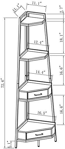 Scoomor Corner Shelf 4 Tier with Drawers, Modern Corner Bookshelf, Free Standing Storage Rack, Plant Stand for Living Room, Home Office, Kitchen, Small Spaces, 72.64ββ Tall (Gold)