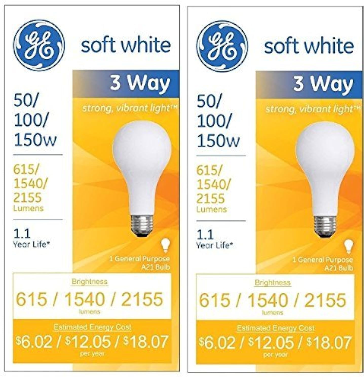 GE Soft White 3-way 50/100/150 Watt A21 2-pack