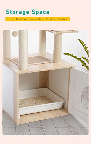 PETEPELA Modern Cat Tree Wood Cat Tower with Storage Cabinet Litter Box Enclosure and Spacious Cat Condo, Large Top Perch and Hammock, Sisal Covered Scratching Posts for Cats Beige