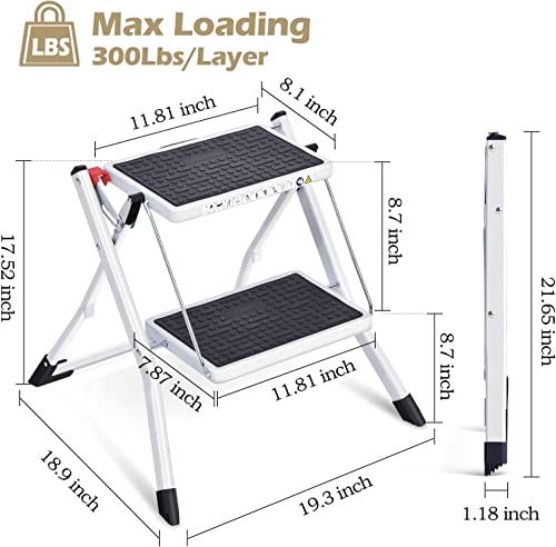 TOOLF Step Ladder, Double Side Folding Step Stool, 2 Step Portable Ladder with handdle, Large Platform,Slim Household Stepladder with Milti-fuction White