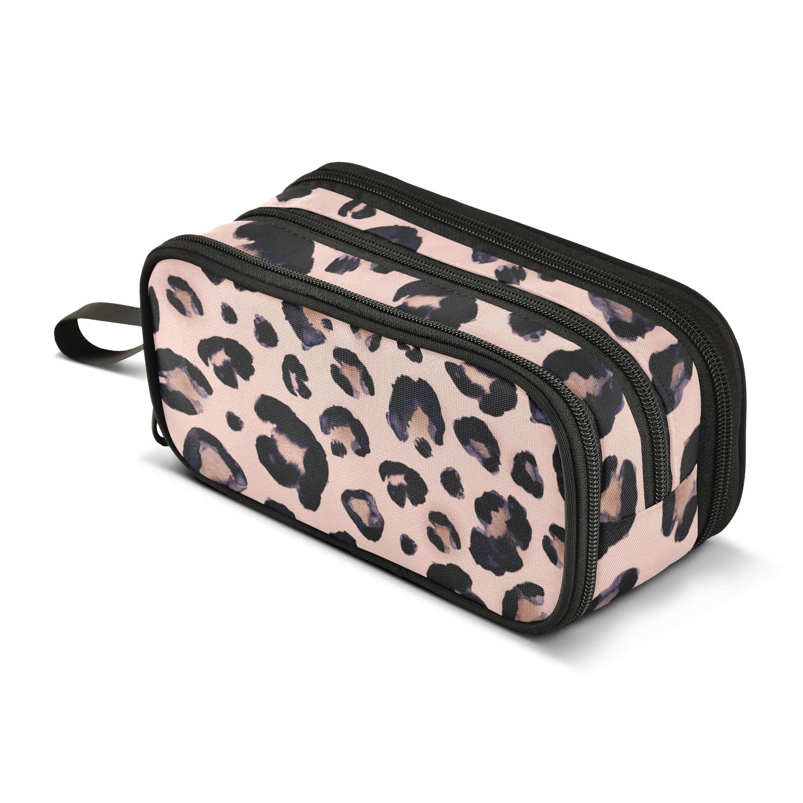 Watercolor Animal Snow Leopard Pink Beige Pencil Case for Boys Girls, Large Capacity Pen Bag 3 Compartment Pencil Pouch Students Stationery Organizer Marker Case for School Office Work