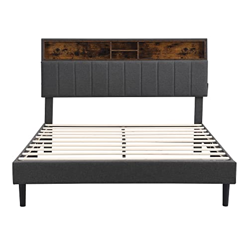 Merax Modern Upholstered Platform Bed with Storage Headboard and USB Port Wood Bed Frame No Box Spring Needed/Easy Assembly Full, Gray