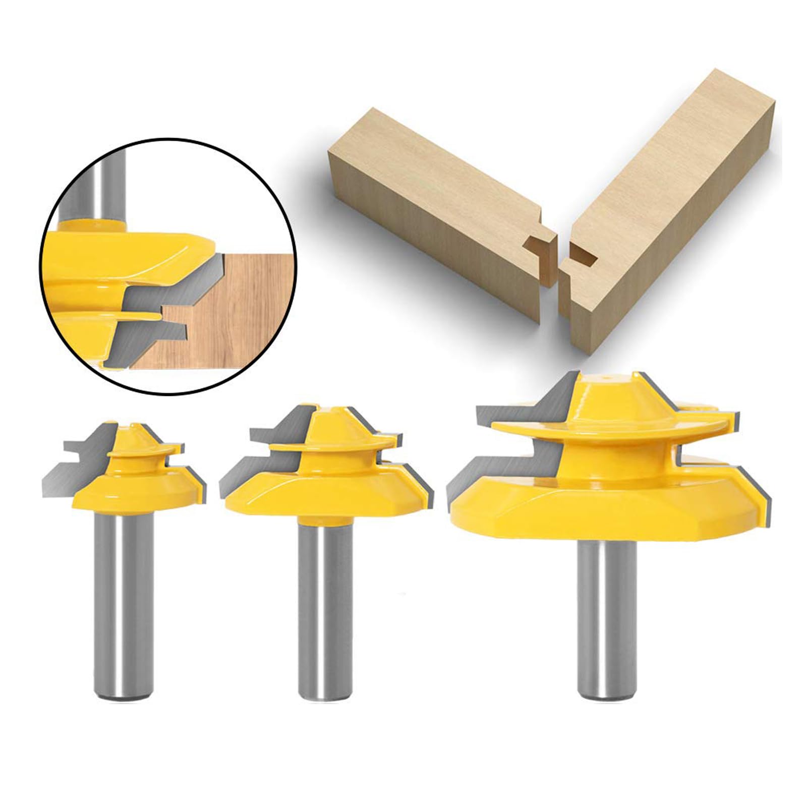 Ozmatip 45 Degree Lock Miter Router Bit 3-Piece Set, for 31/64", 3/4",1",Cutting Height, 1/2 Inch Shank.Woodworking Tools Joint Router Bits