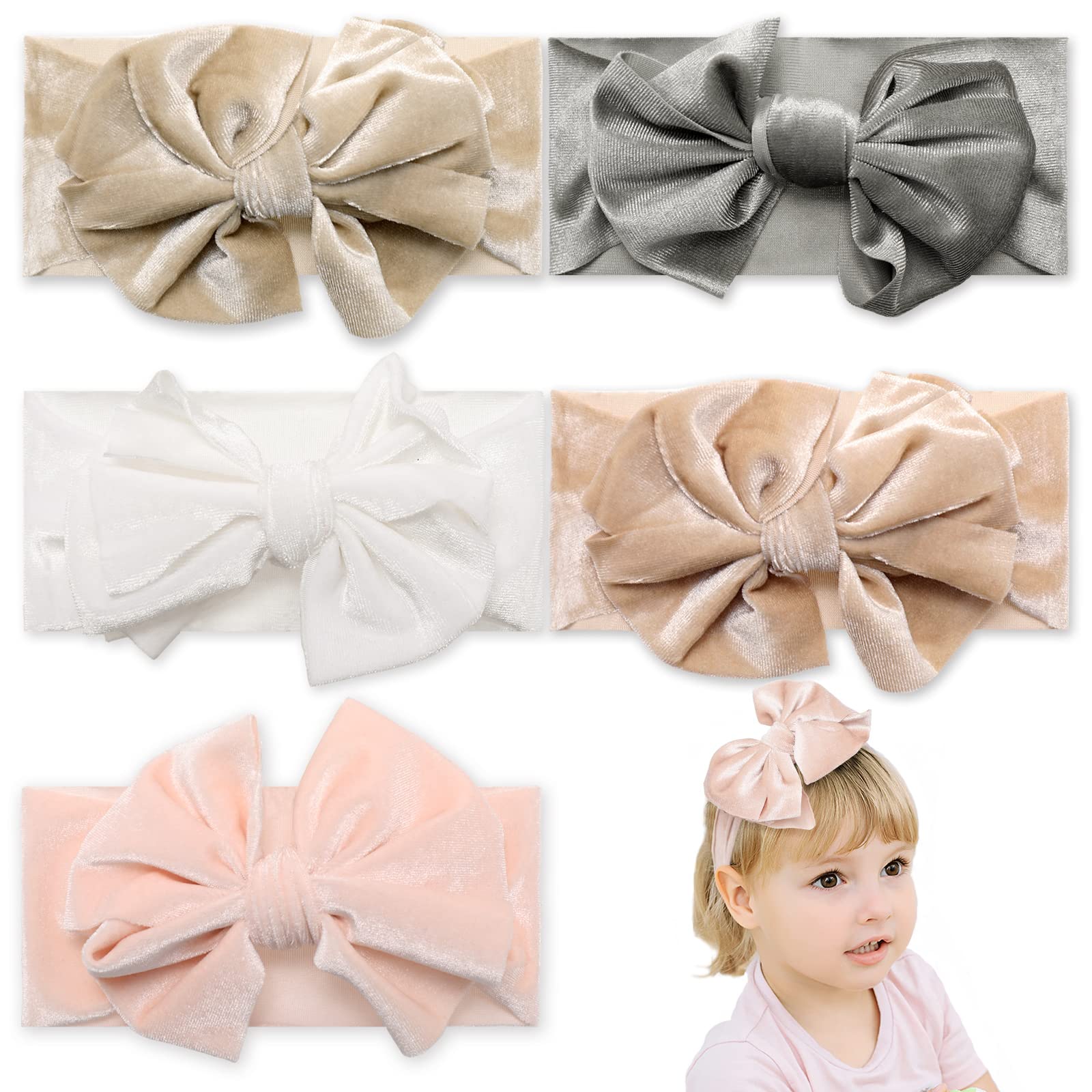 Whaline Baby Girl Velvet Bow Headband - 5Pcs Set, Light Color Hair Accessories for Newborn Toddler Infant Girls, Hairband for Baby Shower, Birthday, Party, Photo Shoot, Gift
