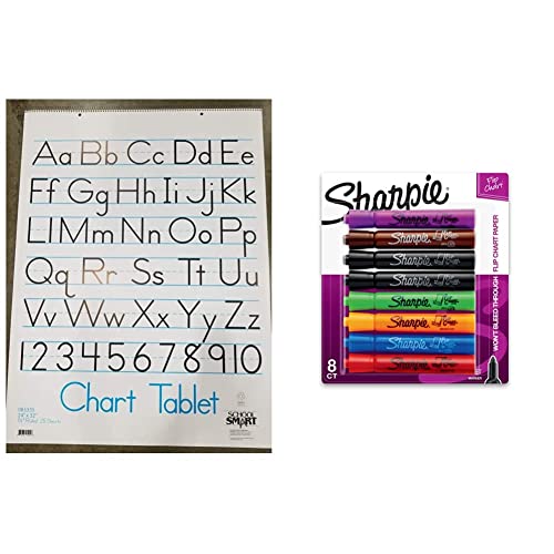 School Smart Chart Tablet, 24 x 32 Inches, 1-1/2 Inch Ruling, 1/2 Inch Skip Line, 25 Sheets, Cover may vary & SHARPIE Flip Chart Markers, Bullet Tip, Assorted Colors, 8 Pack