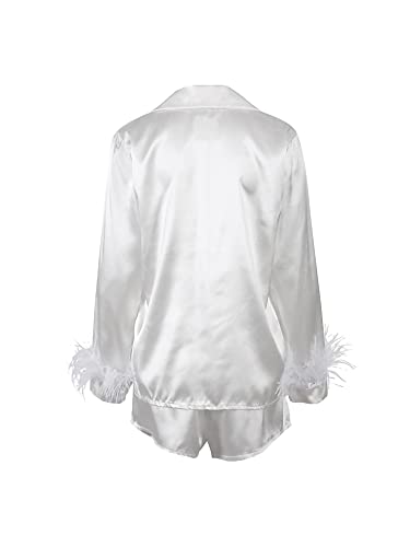 Women 's 2 PCS Feather Silk Pajamas Set Long Sleeve Buttons Down Shirt Top Short Pants Sleepwear PJs (White, Small)