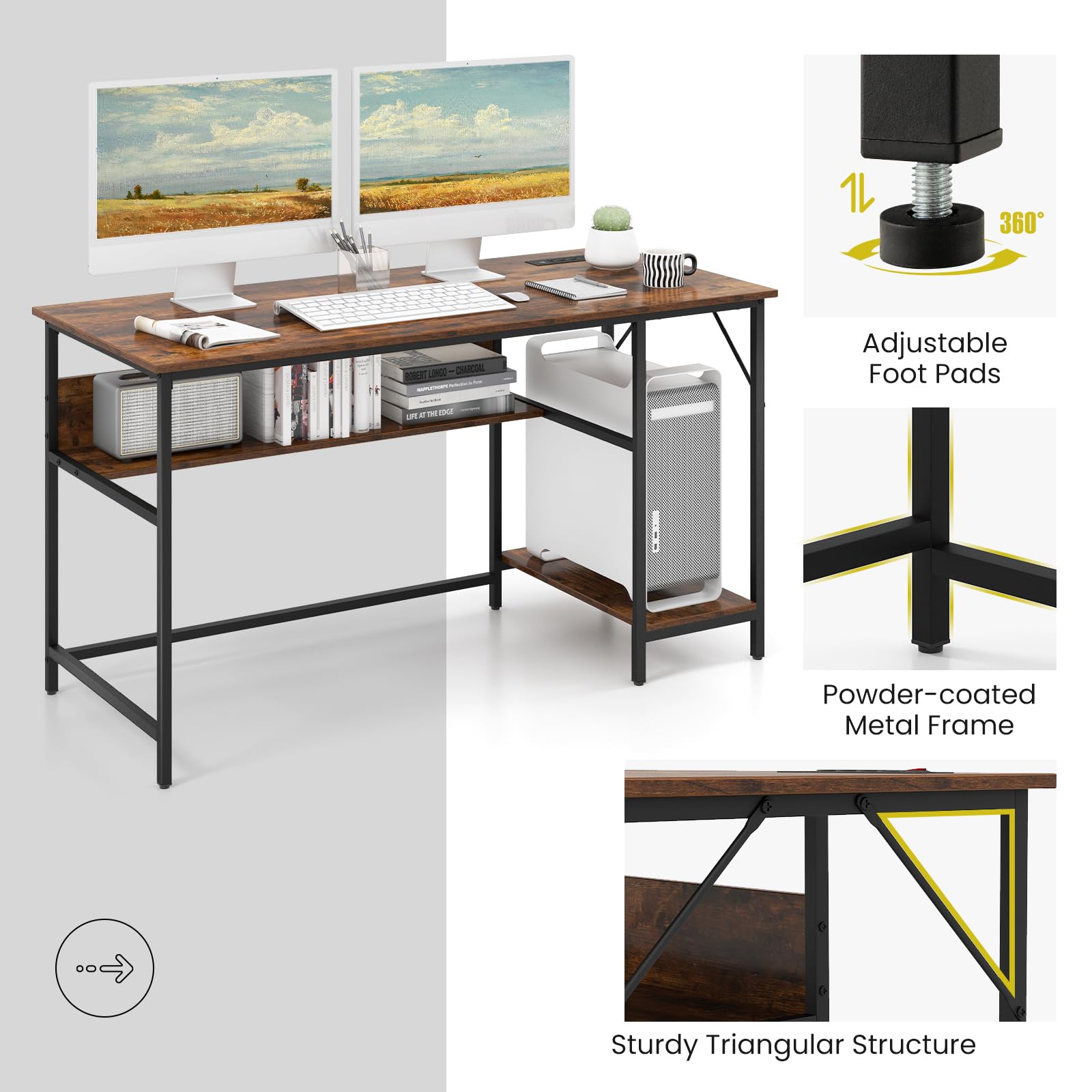 Tangkula 55 Inch Computer Desk with 4 Power Outlets & 2 USB Ports, Home Office Desk with Built in Charging Station with Switch, Computer Workstation Writing Study Desk with Storage Shelf & CPU Stand