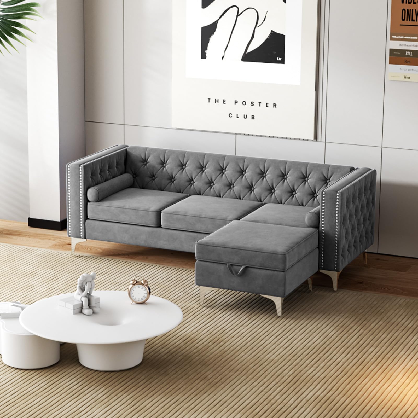 PUREMIND Convertible L-Shaped Sectional Sofa, Velvet 3-Seater Sectional Couch with Movable Storage Ottoman, Button Tufted Reversible L Couches for Living Room Apartment - Grey