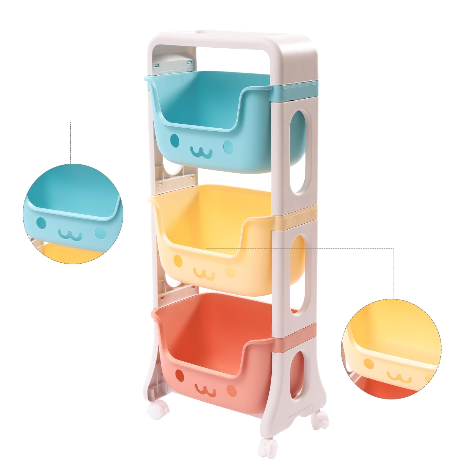 Storage Bins with Fixed Wheels, Three-Layer Toy Storage Cubes Box, Toy Organizer with 3 Toy Stacking Bins, Toy Box Container as Birthday Gift with U-Shaped Opening, Capacity22.04lbs