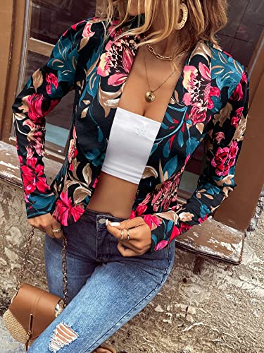 Floerns Women's Floral Print Long Sleeve Open Front Shawl Collar Jacket Blazer Black L