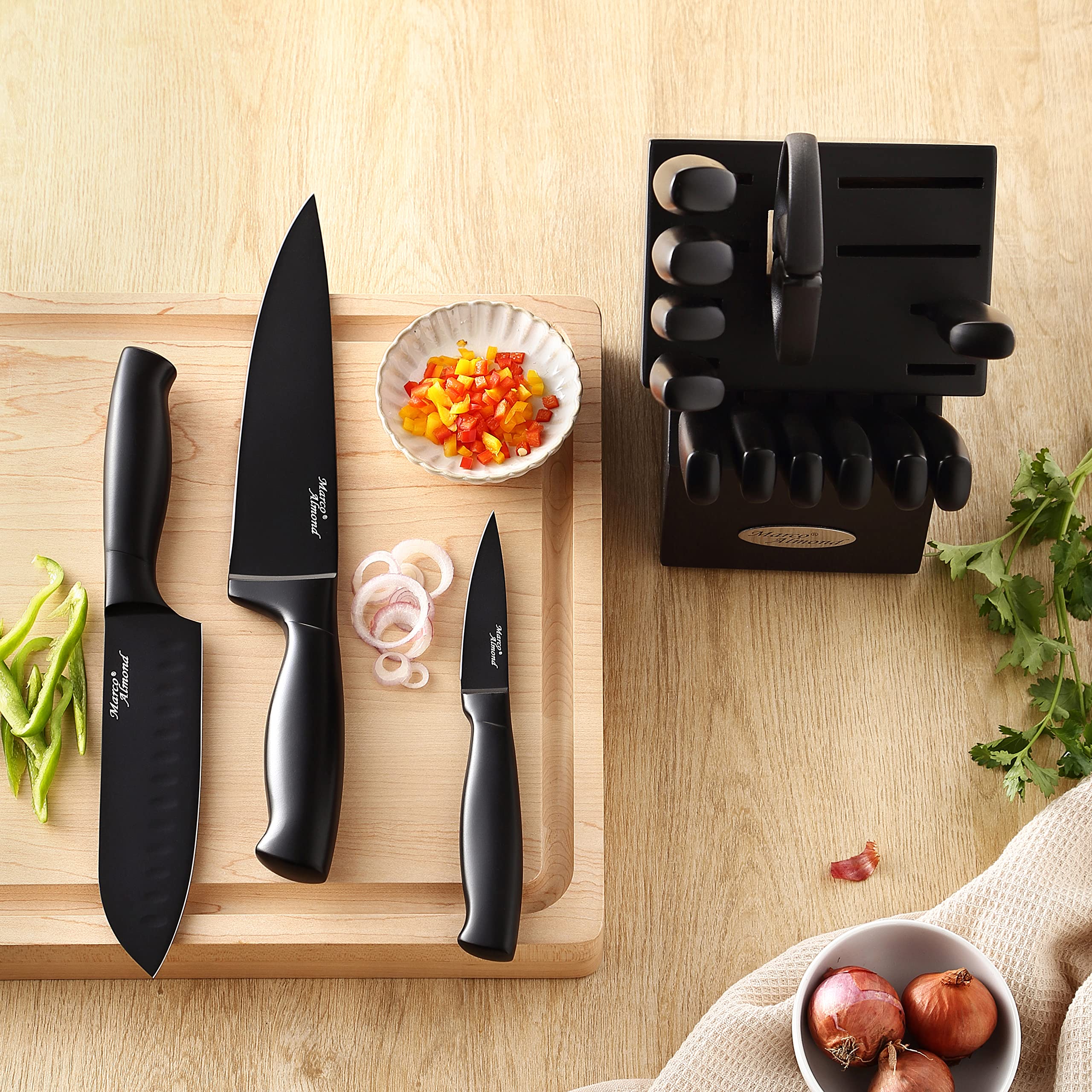 Marco Almond MA23 Kitchen Knife Sets + KYA59 Titanium Coated Stainless Steel Long Handle Spoons