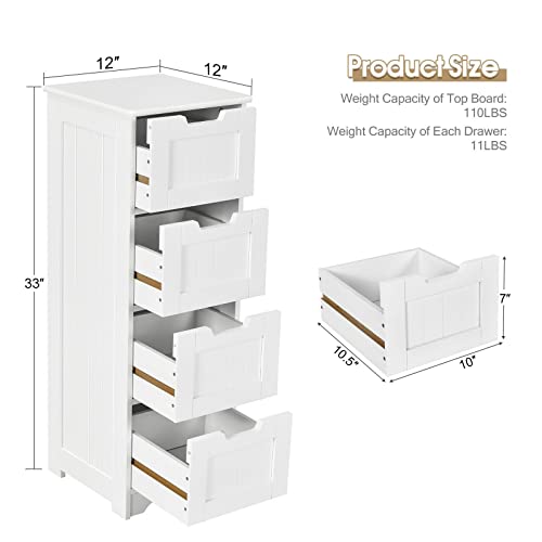 MAXCBD Nightstand Bedside Table Drawer Cabinet Bathroom Floor Cabinet Free-Standing Side Storage Organizer with 4 Drawers White Bathroom Cabinet Storage Tower Dresser