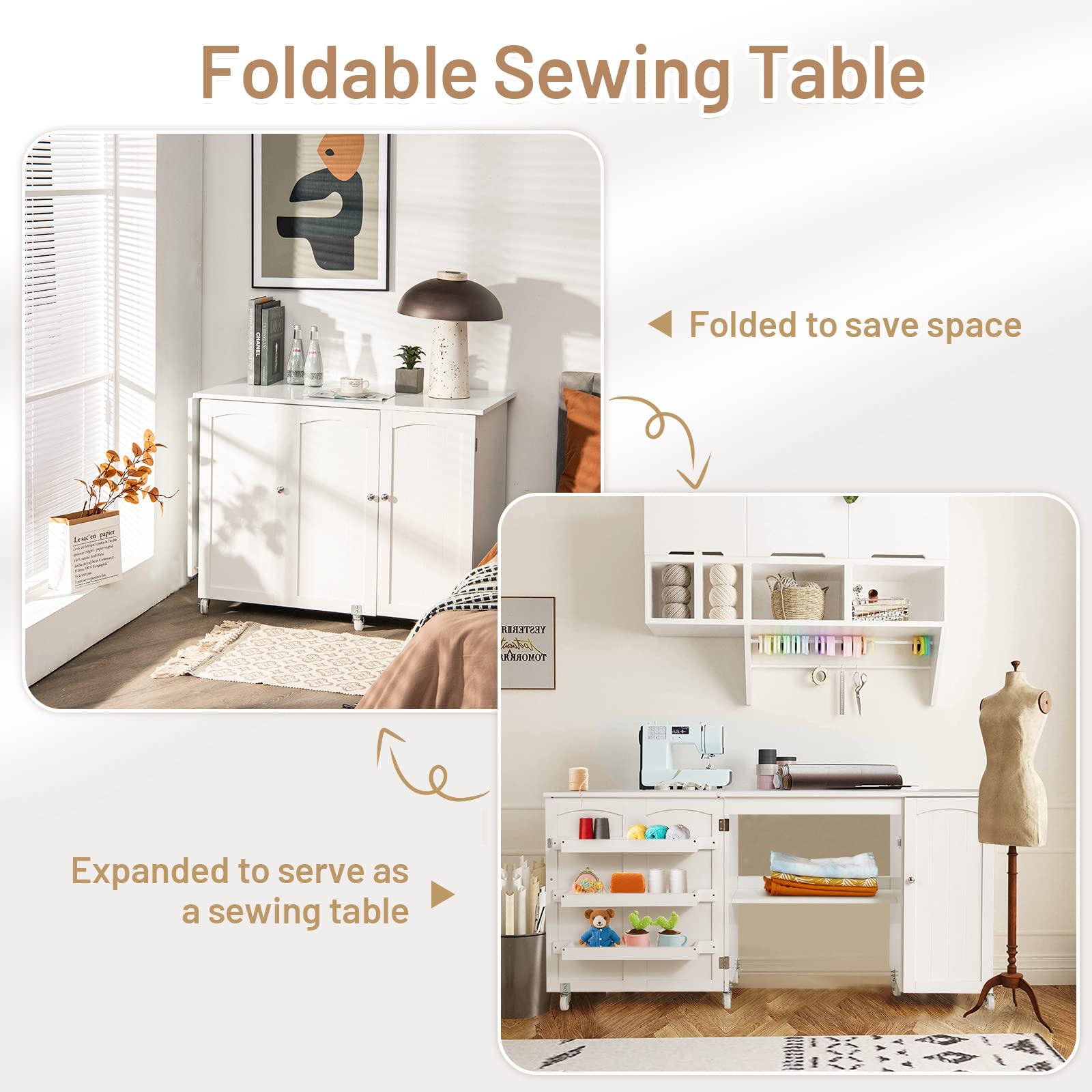 Giantex Folding Sewing Craft Table, 3 Storage Bins, Side Cabinet, Interior Shelf, Rolling Sewing Machine Cabinet Craft Station Desk with Lockable Wheels for Apartment Small Spaces, White