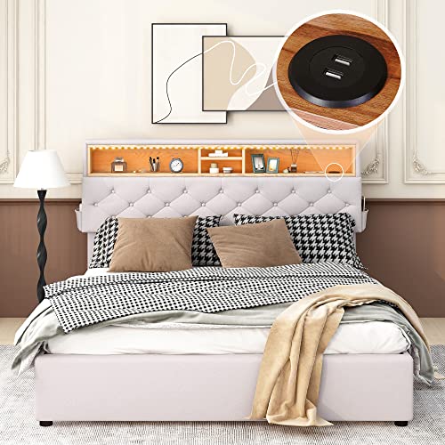 Queen Size Upholstered Platform Bed Frame for Boys Girls Kids Toddler with Storage Headboard, LED, USB Charging and 2 Drawers, Beige