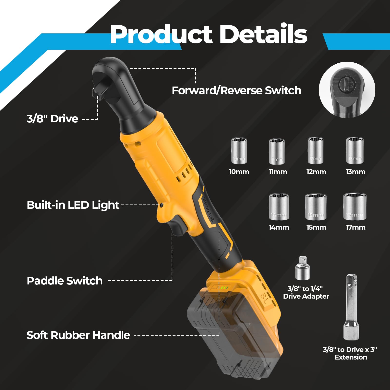 Ratchet Wrench Compatible With Dewalt 20V MAX Battery(No Battery) 3/8" Cordless Ratchet Wrench with 74Ft-Lbs Torque,Brushless Motor,7CS Sockets,1/4" Adapter,3" Extension Bar