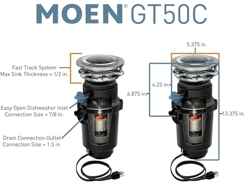 Moen Prep Series Disposer 1/2 Horsepower Continuous Feed Garbage Disposal featuring Fast Track Technology, Power Cord Included, GT50C
