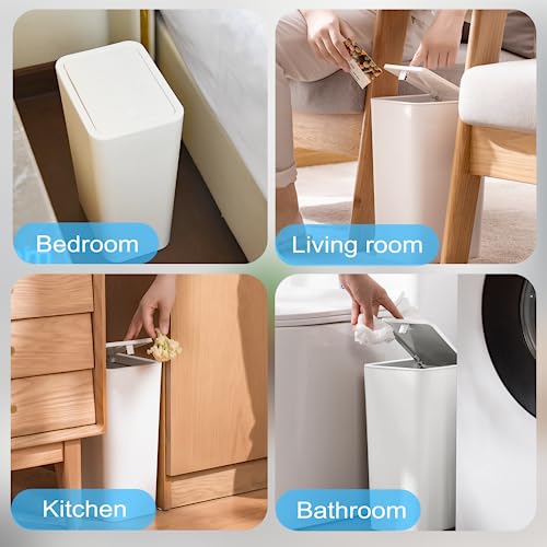 SHPMXUPW 3 Pack Bathroom Small Trash Can with Lid,10L / 2.6 Gallon Slim Garbage Bin Wastebasket with Pop-Up Lid for Bedroom, Office, Kitchen, Craft Room, Fits Under Desk/Cabinet/Sink/White