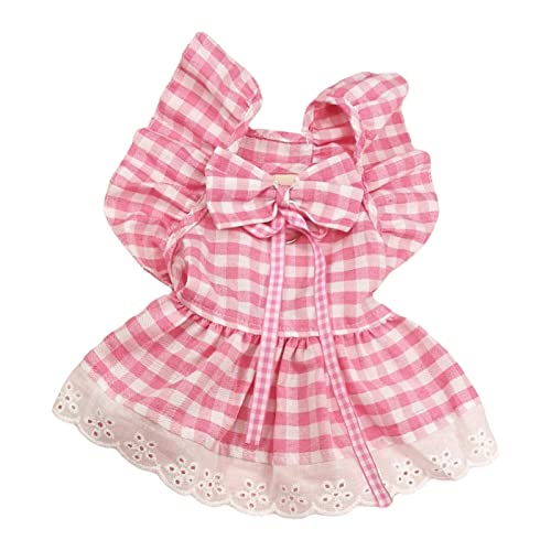 Pet Princess Dress - Dog Cat Sweet Dresses, Ruffle Sleeves Plaid Print Cat Princess Dress, Dog Clothes for Small Dogs Cats Puppy Pet Kitten Hot Pink XS
