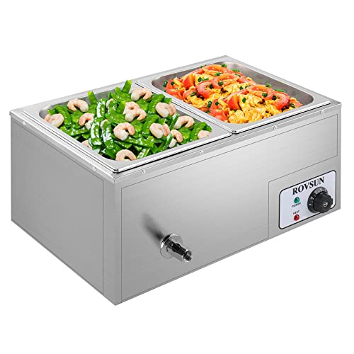 ROVSUN 21QT 2-Pan Electric Commercial Food Warmer, 110V Stainless Steel Bain Marie Buffet, 10.6 QT/Pan Stove Steam Table with Temperature Control & Lid for Parties, Catering, Restaurants