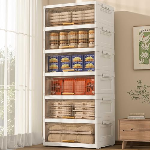 Storage Bins with Lid, 55 Quart Collapsible Storage Bins With Wheels, 6 Packs Plastic Storage Bins with Drawers, Large Closet Organizers and Storage, Stackable Storage Bins for Closet,Dorm