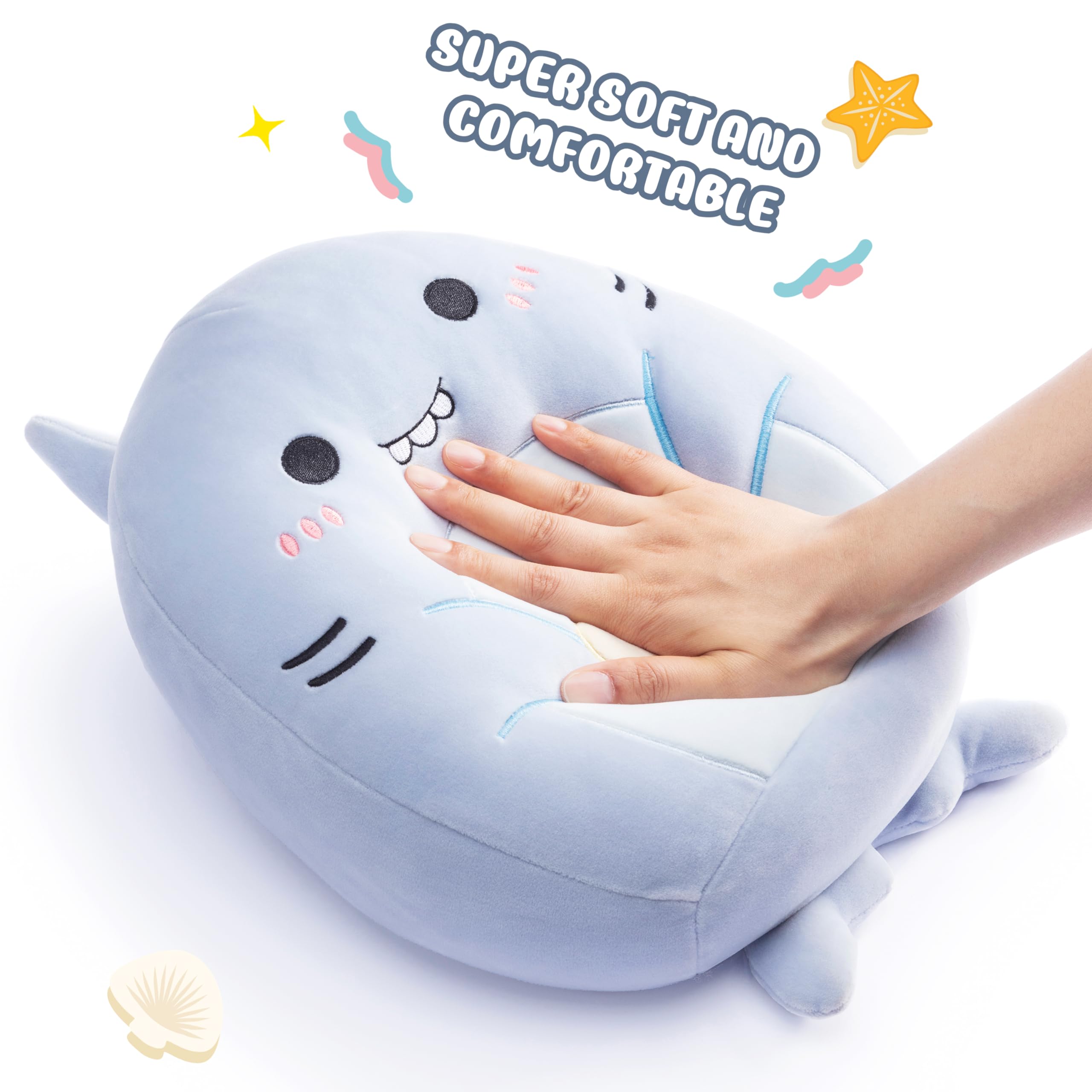 PLAYNICS Large Shark Plush Pillow Stuffed Animal Toy,Big Size Cute Soft 14" Fat Kawaii Hugging Pillows Cuddle Huggable Plushie,Gift for Children