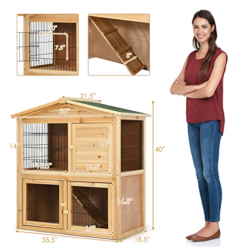 PETSITE 2 Story Rabbit Hutch Indoor Outdoor, Wooden Bunny Cage Pet House for Small Animals