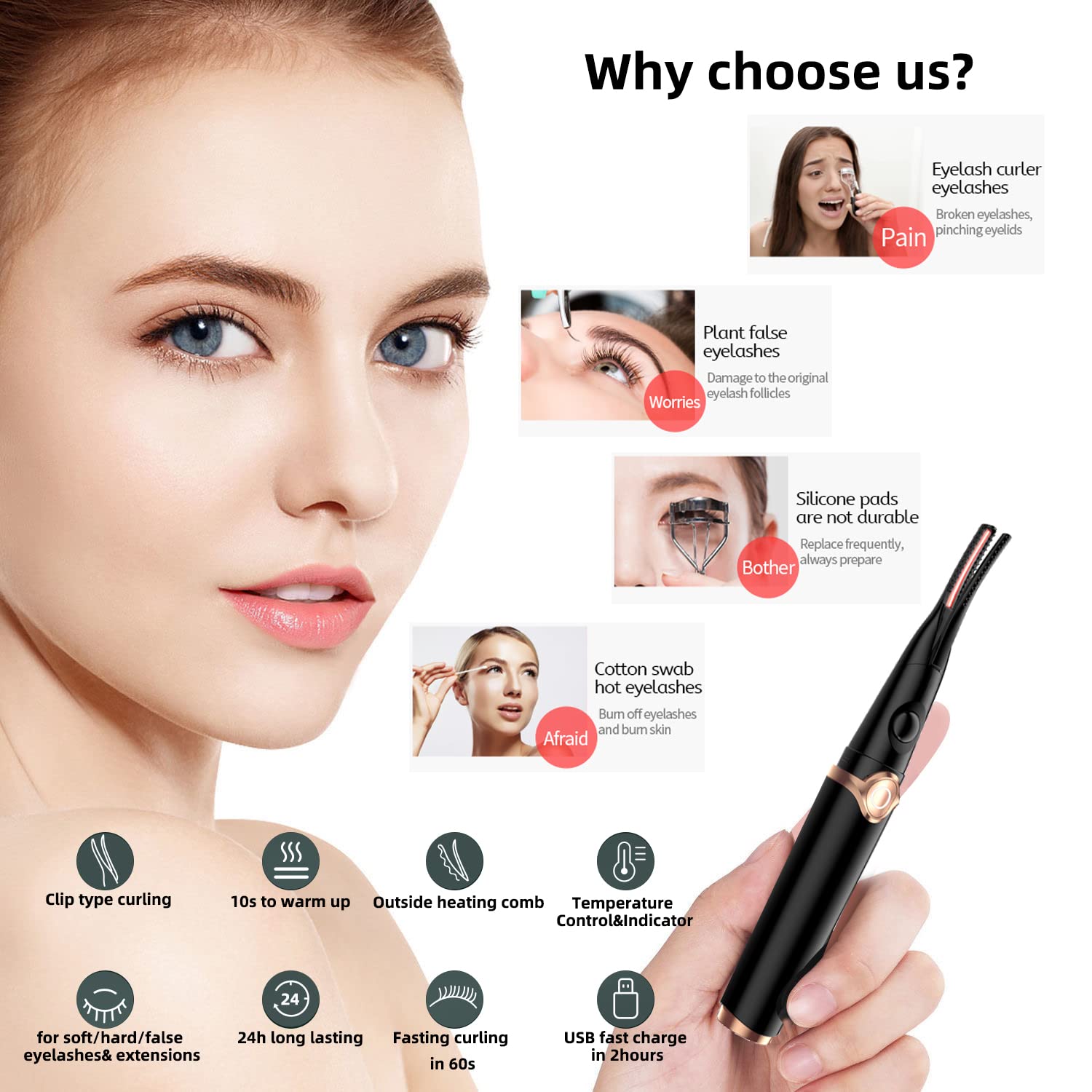 Heated Eyelash Curler with Clip Rechargeable Electric Eyelash Curler with 3 Temperature Setting Suitable for Eyelash Extensions Gift for Women and Girls 1