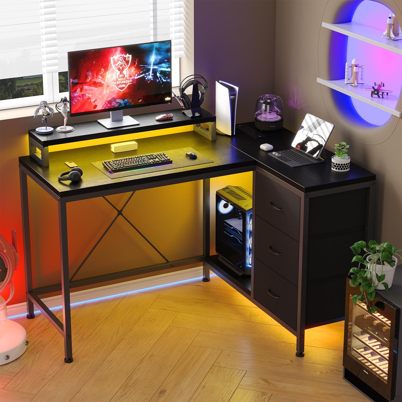 Patikuin L Shaped Desk with Power Outlets & LED Lights, Computer Desk with Drawers & Shelves, Corner Desk Gaming Desk Home Office Desk, Rustic Brown