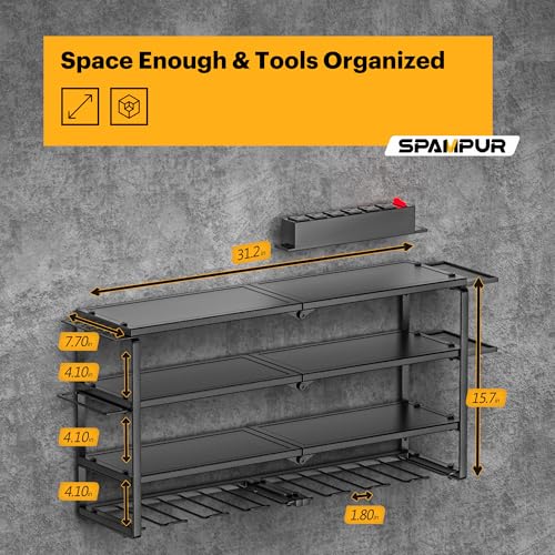 Spampur Power Tool Organizer with Charging Station, 8 Drill Holder Wall Mount, 4 Layer Storage Rack for Garage storage, Heavy Duty Utility Racks, Tool Battery Shelf with 6 Outlet Power Strip