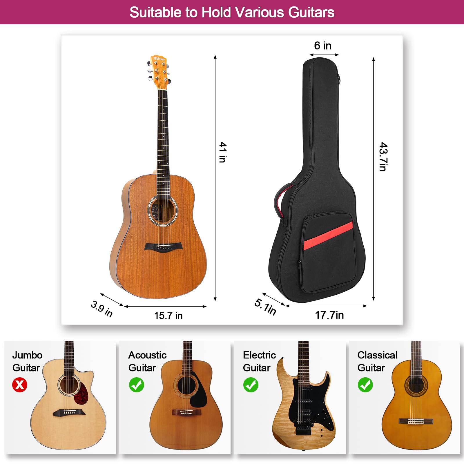 Guitar Bag 0.66in Thick Padded Guitar Gig Bag for 39 40 41 Inch Acoustic Guitar Backpack Case with Pocket
