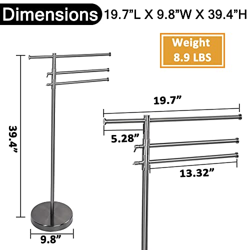 Sayayo Freestanding Towel Rack for Bathroom, 39 Inch Towel Holder for Bathroom Towel Stand Floor with 3 Adjustable Towel Bar, GunmetalÂ