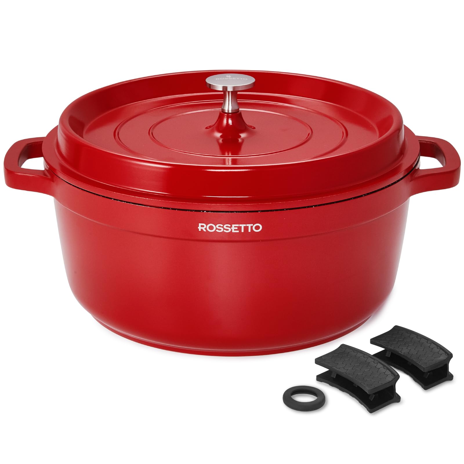 ROSSETTO 6QT Dutch Oven Pot with Lid, Ceramic Dutch Oven with Silicone Assist Handle Holder, Dishwasher Safe, Oven Safe, Non-Stick & Non-Toxic Bread Dutch Oven for Baking, Brasing, Soups, Red