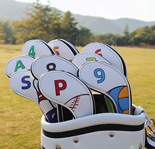 HELLO NRC Golf Iron Cover, 9 Pieces Leather Golf Club Head Cover, Colorful Digital Embroidery