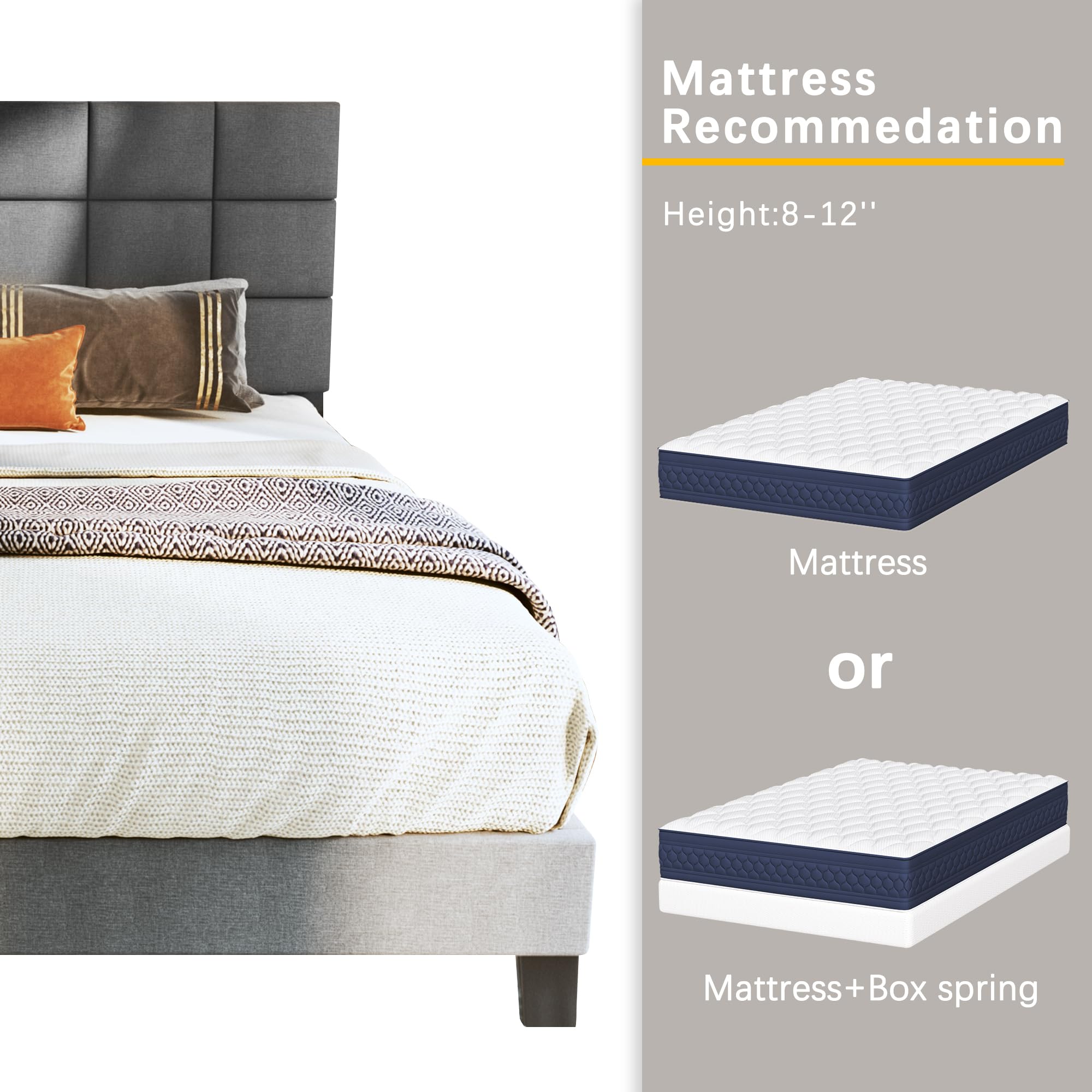 Fluest King Bed Frame Upholstered Bed Frame Platform with Adjustable Headboard Linen Fabric Wooden Slats Support, No Box Spring Needed, Easy Assembly, Mattress Foundation, Package of 2, Dark Grey