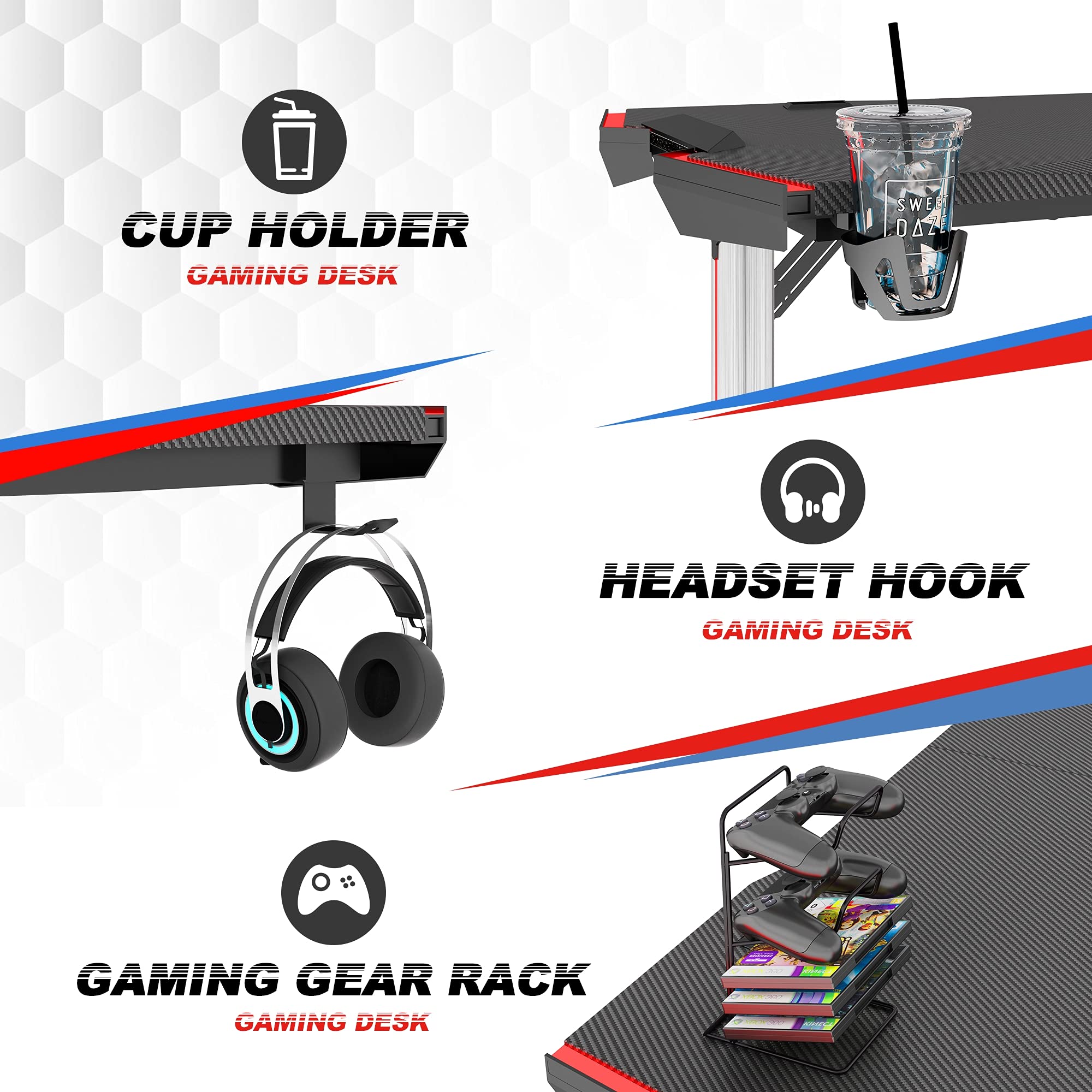 GALAXHERO Ultimate 61“Large Gaming Desk with 22 Modes RGB LED Light, Professional Gamer Computer Desk with Headphone&Cup Holder, Home Office PC Workstation, Full-Surface Cloth Mouse Pad, Black, GX-D