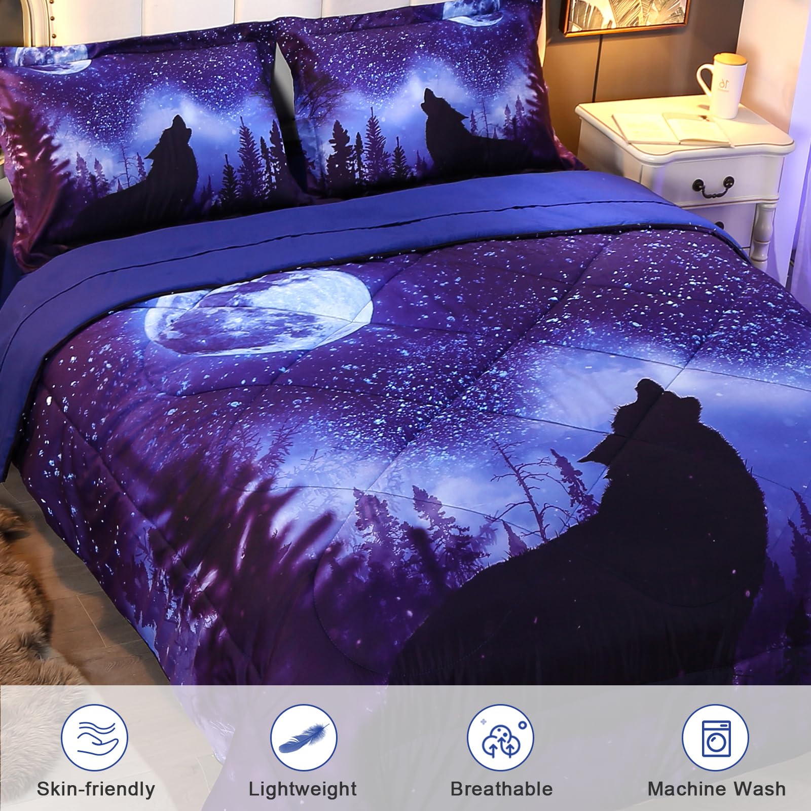 Wowelife Wolf Comforter Set Bedding Set Twin Blue 5 Pieces Forest Bedding Set Wolf Bed Set Twin Kids Bed in a Bag for Boys and Girls with Sheet Sets, Super Breathable Soft