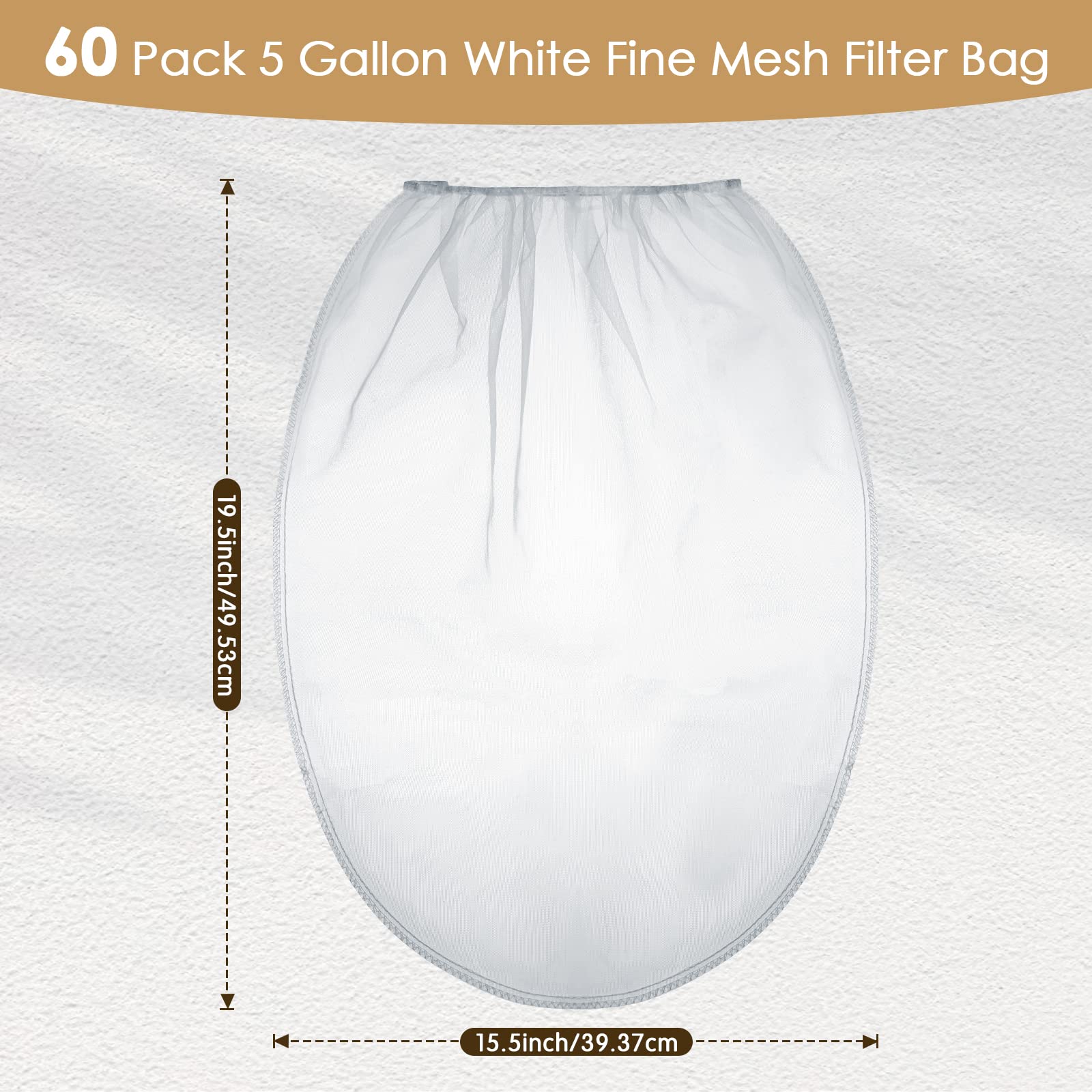 Windyun 60 Pcs Paint Strainer Bags 5 Gallon Fine Mesh Filter Bag Disposable Paint Strainer Bag 5 Gallon Bucket Strainer with Elastic Top Opening Hydroponic Filter Bag for Paint Gardening (White)