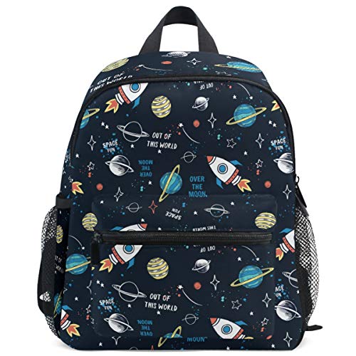 Wamika Space Rocket Universe Galaxy Backpack for Kids Girls Boys Sun Moon Bookbag Daypack with Chest Strap Mini Elementary School Bags Water Resistant Durable for School Student